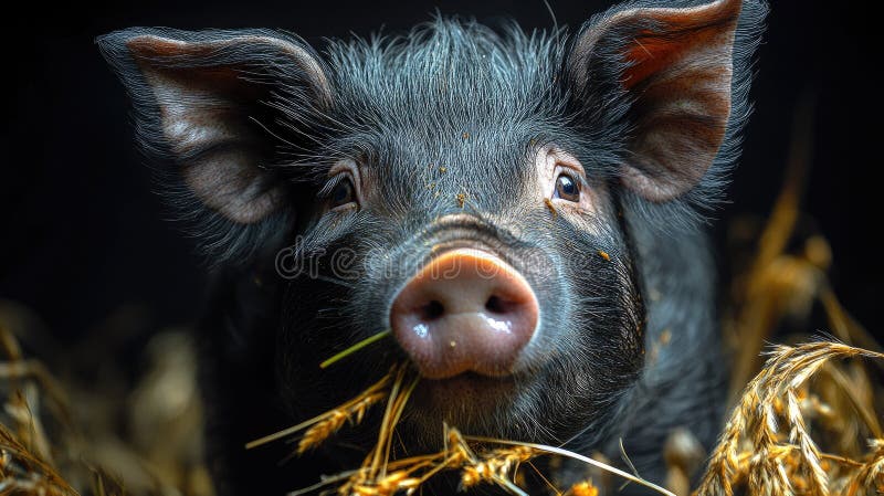 Black Piglet Eating Hay in the Farm Stock Illustration - Illustration ...