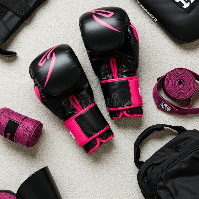 Black and Pink Boxing Gloves are Centrally Placed on a Light-colored ...