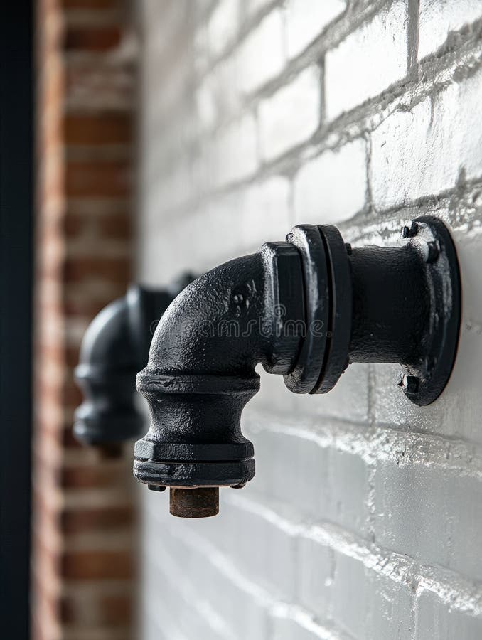 Black Pipe Fitting on a Brick Wall in an Industrial Setting Stock Photo ...