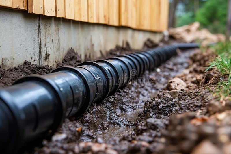 A Black Pipe that is Laying in the Dirt Next To a House Stock Photo ...