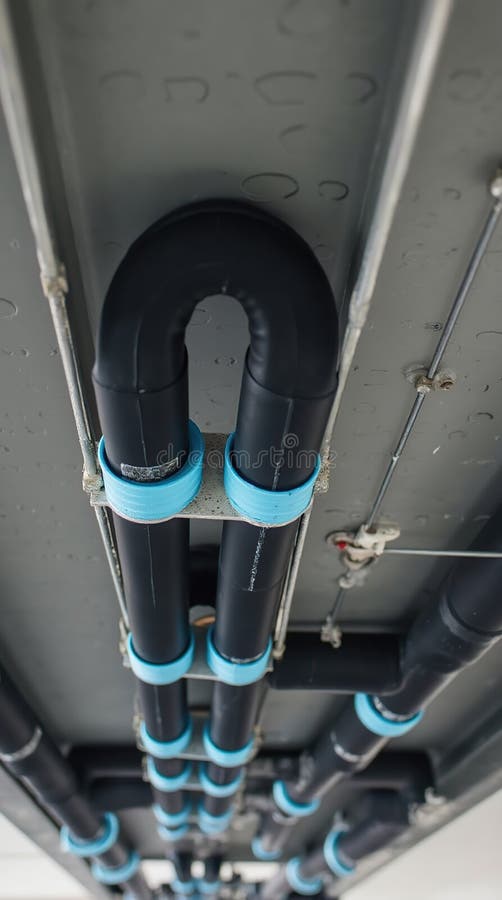 Modern Plumbing System with Black Pipes and Blue Connectors in Building ...