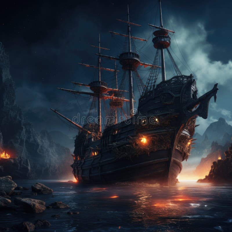 Black pirate ship at night stock illustration. Illustration of ...