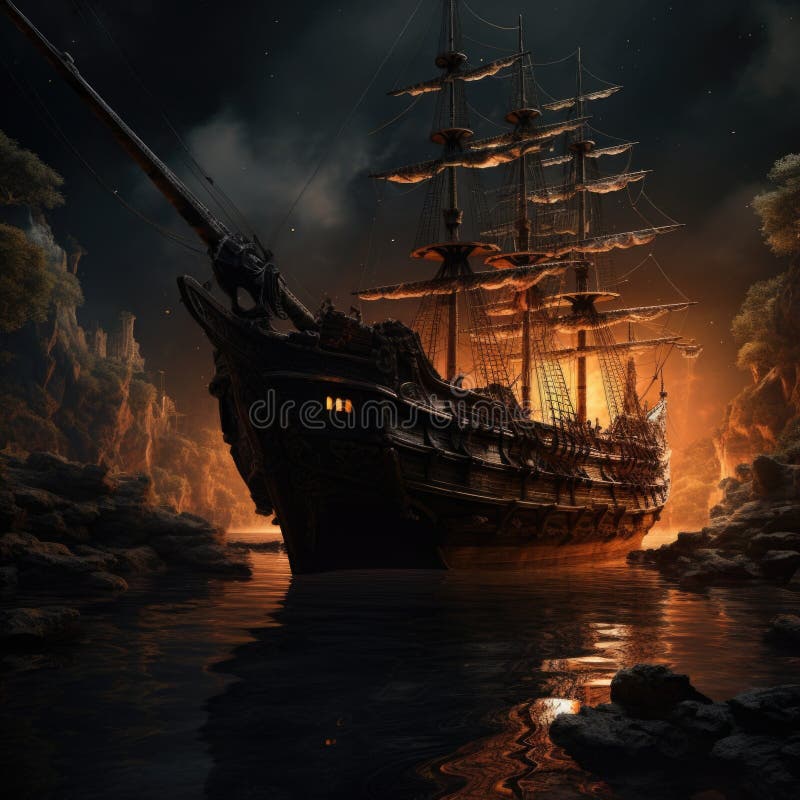 Black pirate ship at night stock illustration. Illustration of ...