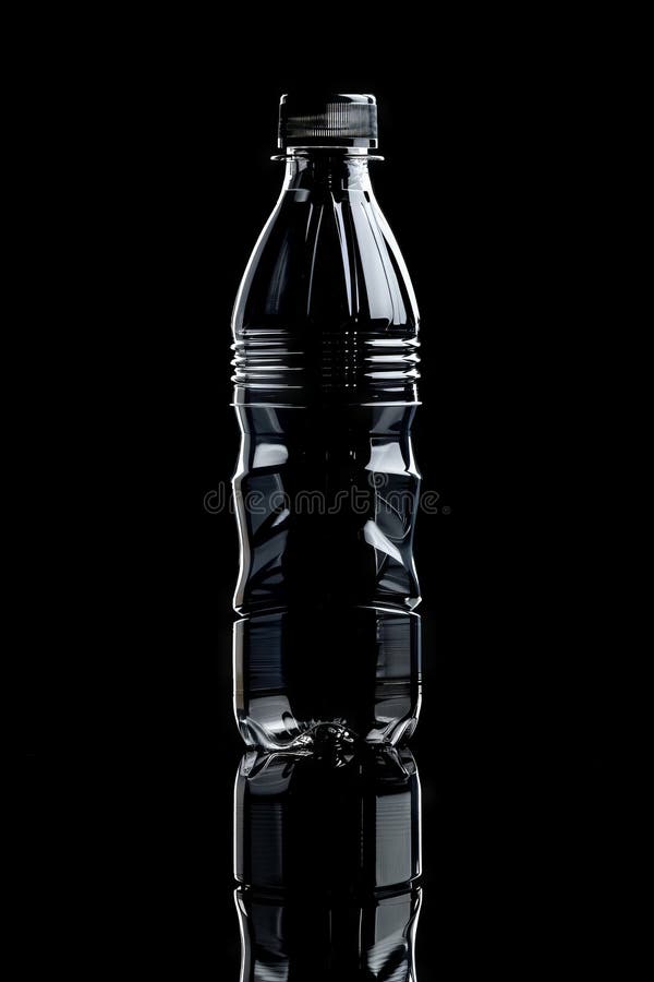 A Black Plastic Bottle with Reflection on a Reflective Surface Stock ...
