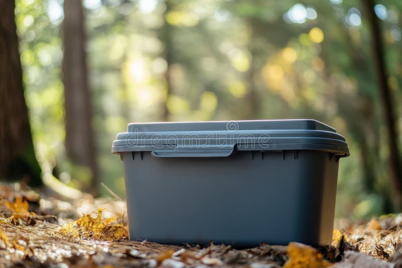 A Black Plastic Container is Sitting on the Ground in a Forest Stock ...