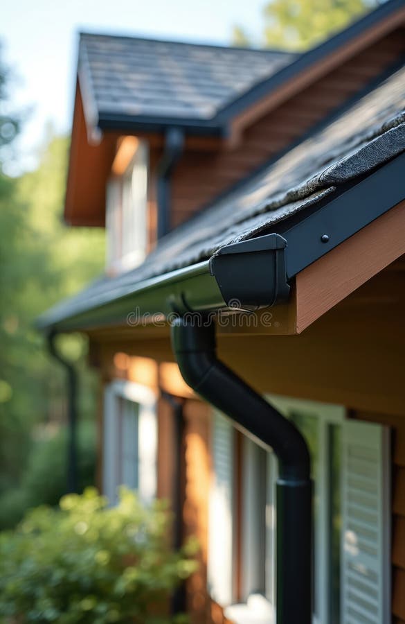 Black Plastic Drainage Gutter, Drainpipe on Modern Home. Brown Siding ...