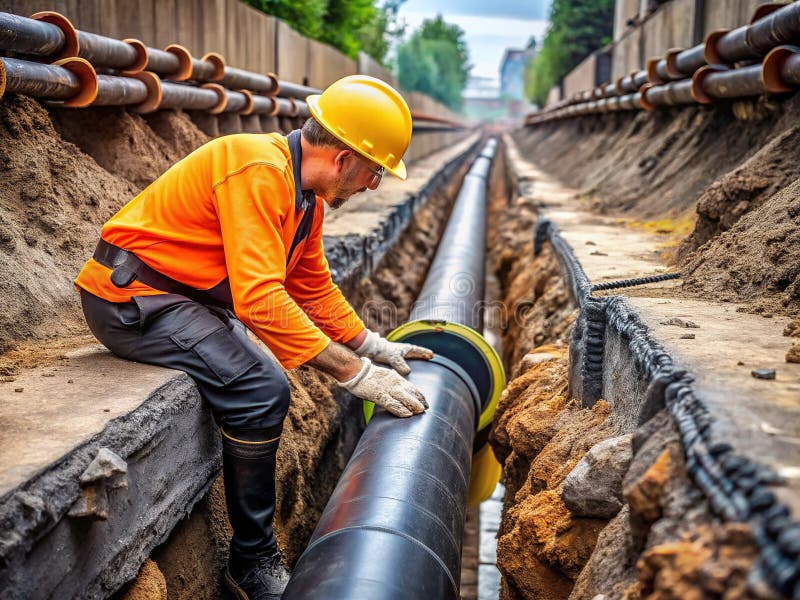 Black Plastic Drainage Pipes Installed in Trench by Skilled ...