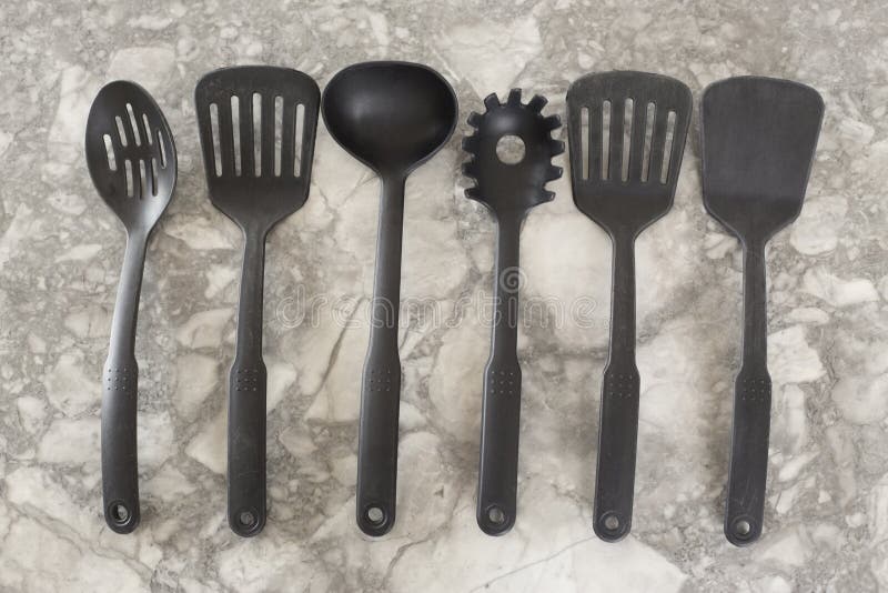 Black Plastic Kitchen Cooking Utensils Stock Photo - Image of knife ...