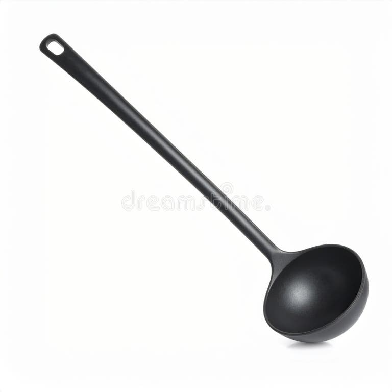 Black Plastic Ladle with Long Handle on White Background Stock ...