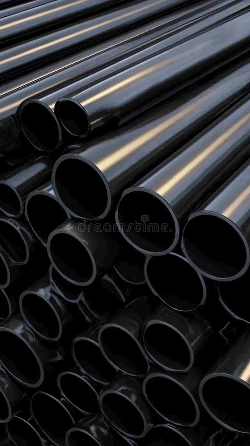 Black Plastic Pipes are Stacked in an Organized Manner, Showcasing ...