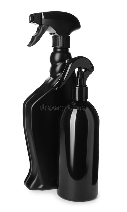 Black Plastic Spray Bottles on White Background Stock Image - Image of ...