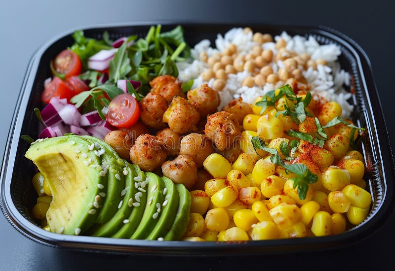 Black Plastic Takeout Container is Filled with Rice Chickpeas Avocado ...
