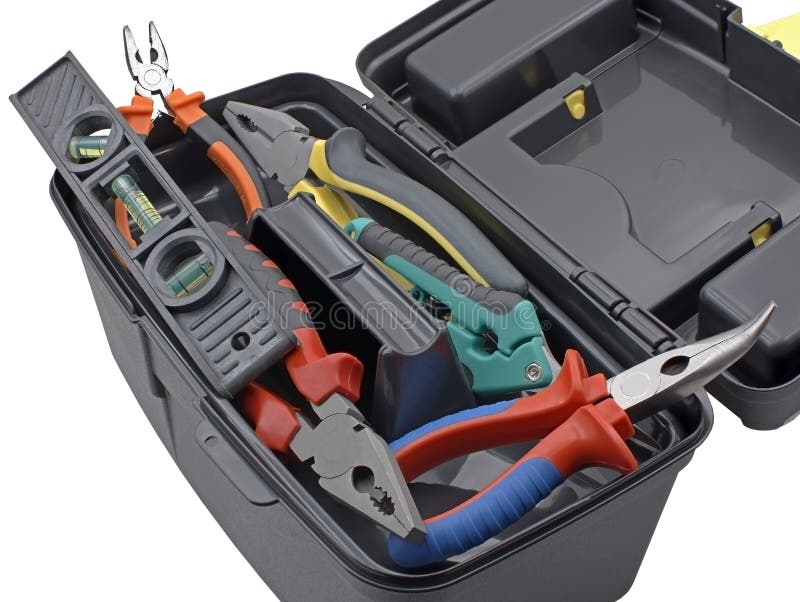 Black Plastic Tool Box with Tools Isolated on White Stock Photo - Image ...