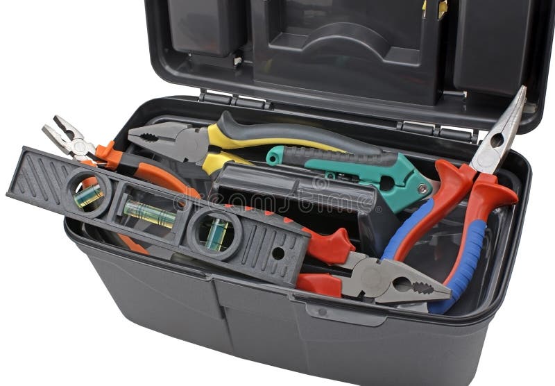 Black Plastic Tool Box with Tools Isolated on White Stock Photo - Image ...