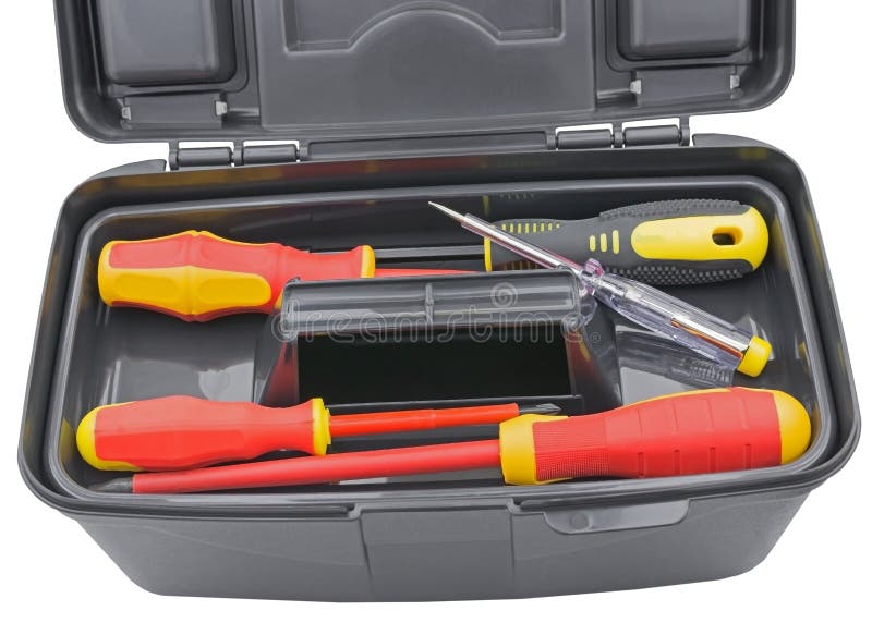 Black Plastic Tool Box with Tools Isolated on White Stock Photo - Image ...