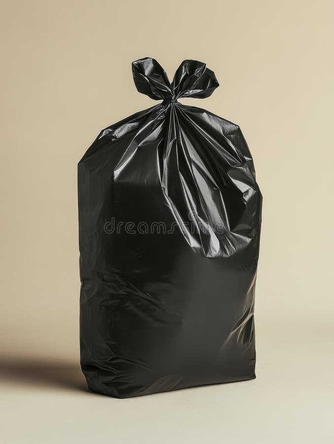 Black Plastic Trash Bag Against a Beige Background. Stock Photo - Image ...