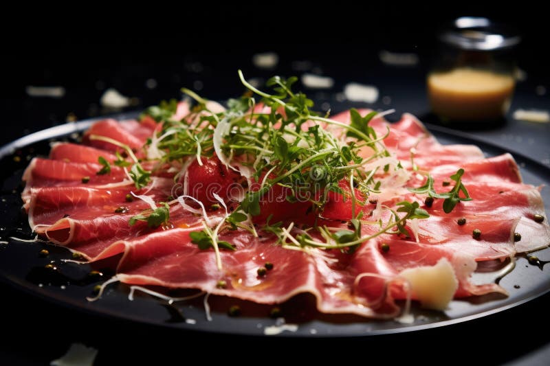 Black Plate Beef Carpaccio with Greens, Elegant Food Presentation Stock ...