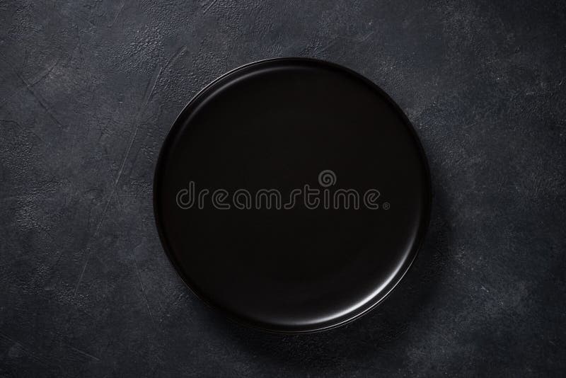 Black Plate on Black Stone Table Top View. Stock Image - Image of lunch ...