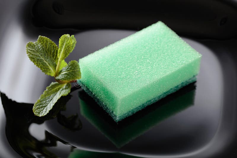 Black Plate and Dish Sponge . Stock Photo - Image of bright, plate ...