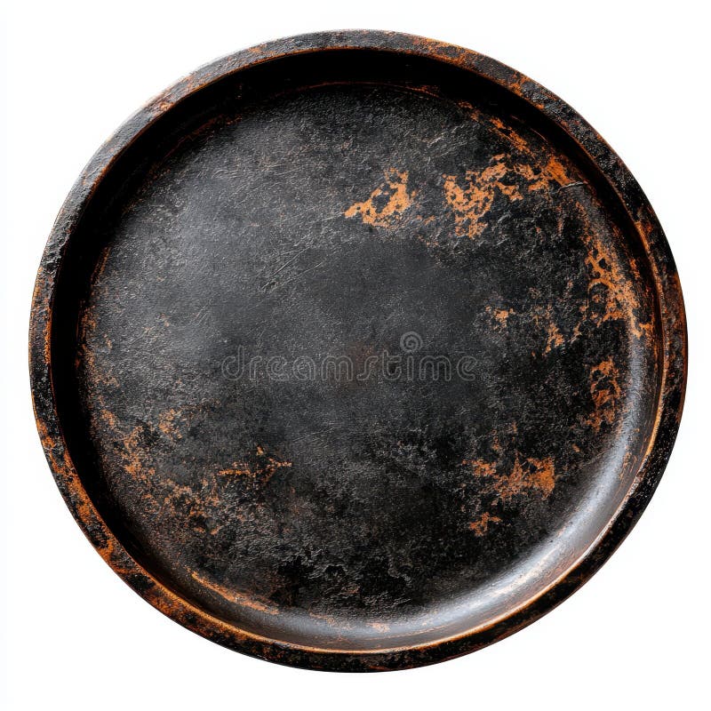 A Black Plate Exhibiting Rust Spots is Placed on a Clean White Surface ...
