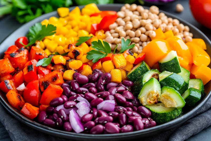 A Black Plate Filled with Lots of Different Types of Vegetables Stock ...