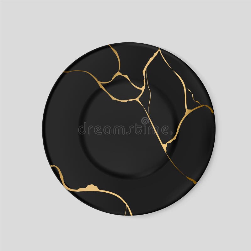 Black Plate with Gold Kintsugi. Crack and Broken Effects. Restoration ...