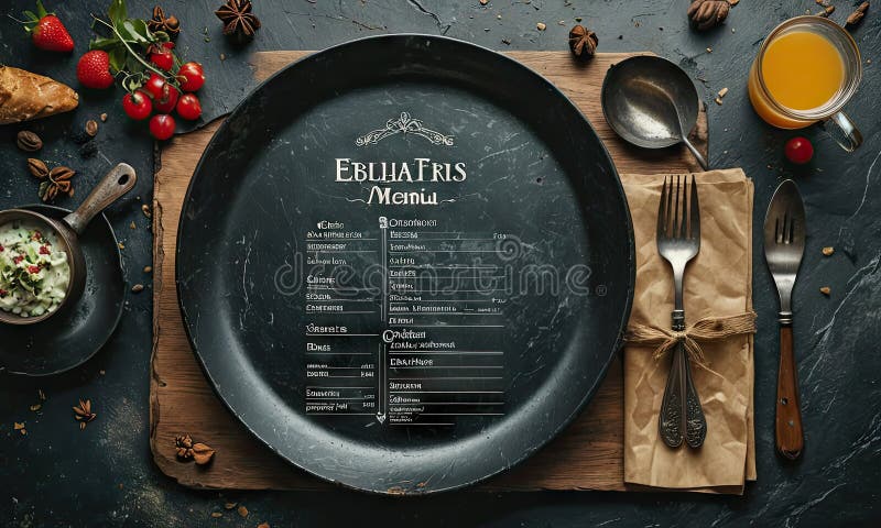 A Black Plate with a Menu on it is Placed on a Table with a Wooden ...