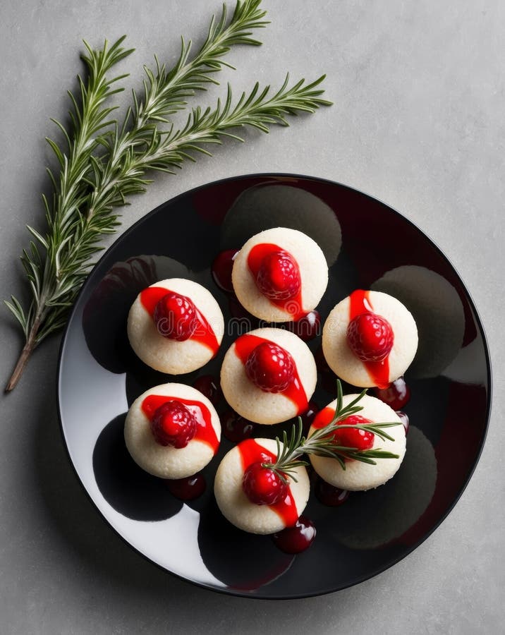 A Black Plate with Mini Cakes Topped in Raspberry Sauce and Garnished ...
