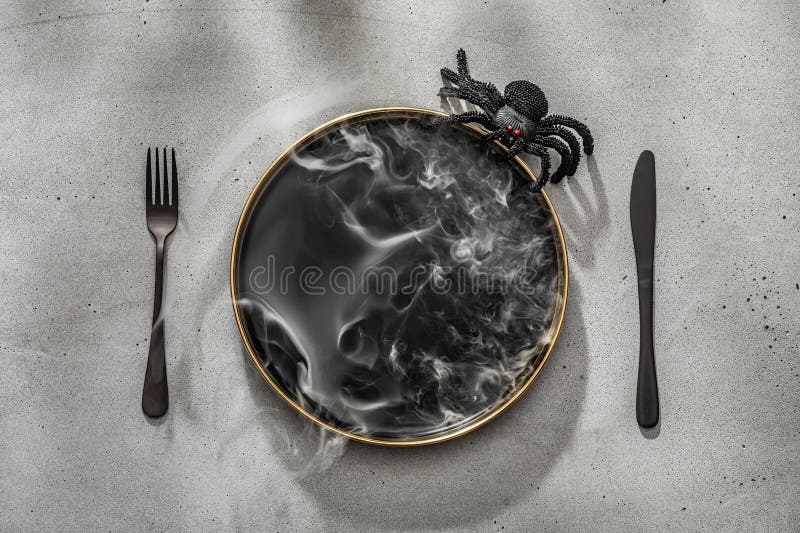 A Black Plate with Smoke on it and a Large Black Spider. Halloween ...
