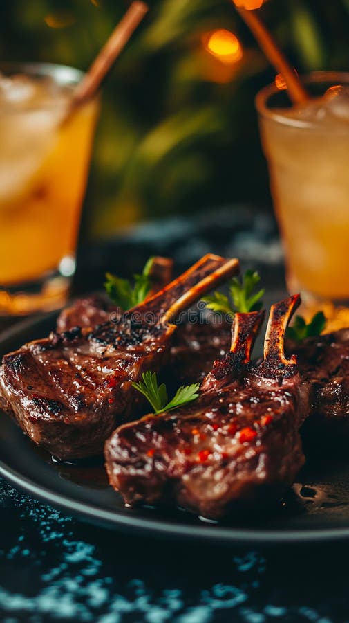 A Black Plate Topped with Meat and a Drink Stock Image - Image of drink ...
