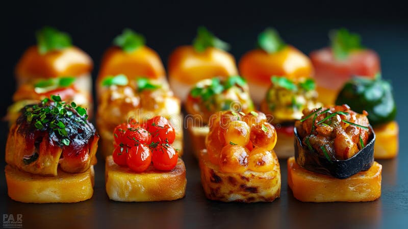 A Black Plate Topped with Small Appetizers Filled with Different Types ...