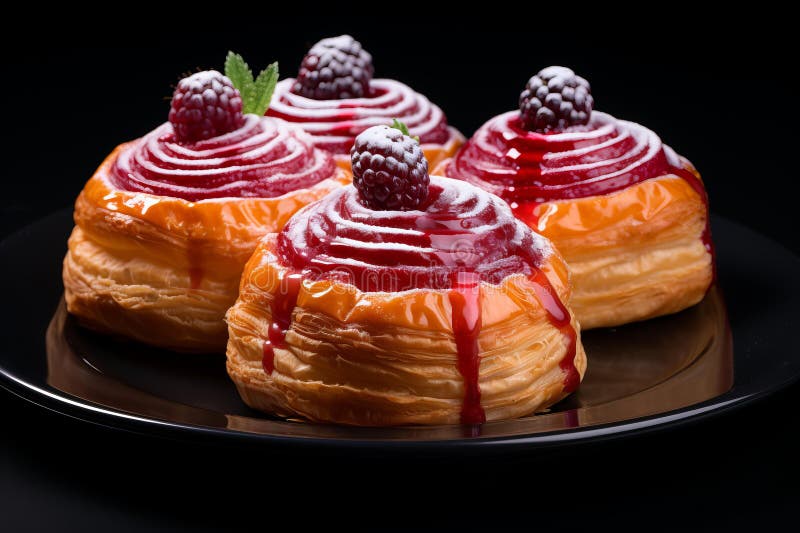 A Black Plate Topped with Three Pastries Stock Illustration ...