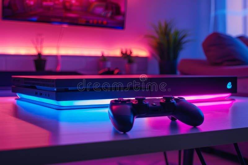 A Black Playstation 4 Controller Sits on a Table Next To a Console ...