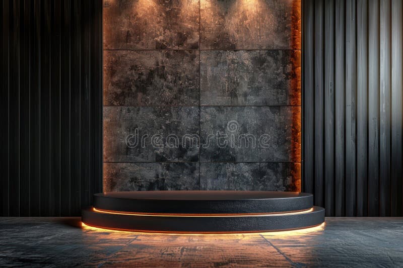 A Black Podium with Glowing Lights in a Dark Room with Textured Wall ...