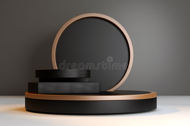 A Black Podium with a Gold Circle Frame Stands on a Platform with Three ...