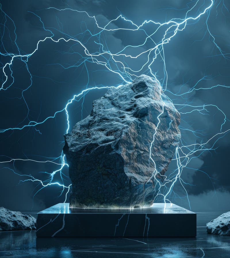 Black Podium with Large Rock and Electric Lightning for Dramatic ...