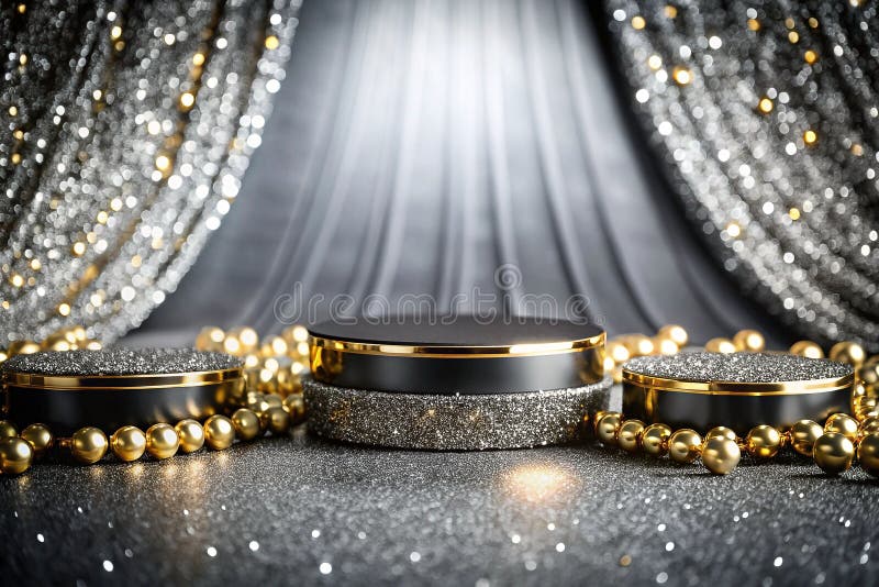 Black Podiums with Gold Trim on a Glittery Silver Stage with Lights ...