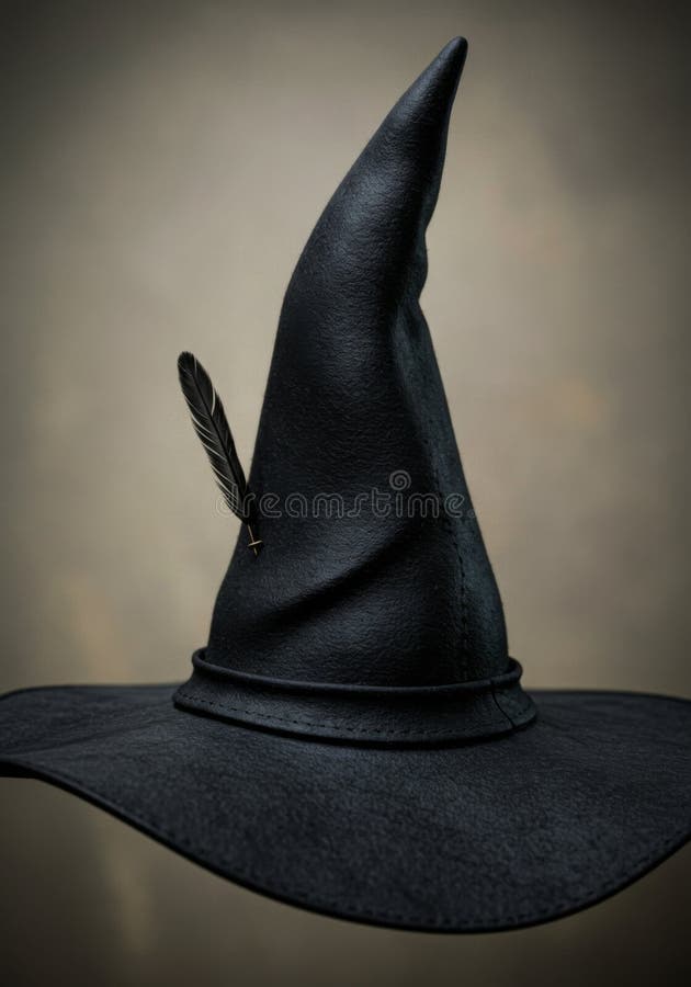 Black Pointed Witch Hat with Feather Detail Stock Illustration ...