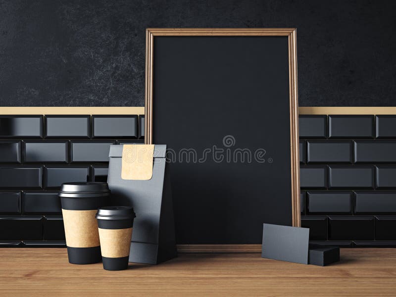 Black Poster on Table with Blank Organic Elements Stock Image - Image ...