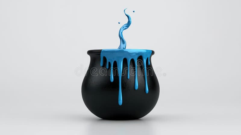 Black Pot with Blue Paint Dripping Vibrant Splash Isolated on White ...