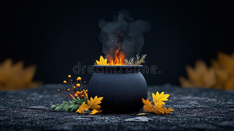 Black Pot with Fire and Autumn Leaves on Dark Background Isolated Stock ...