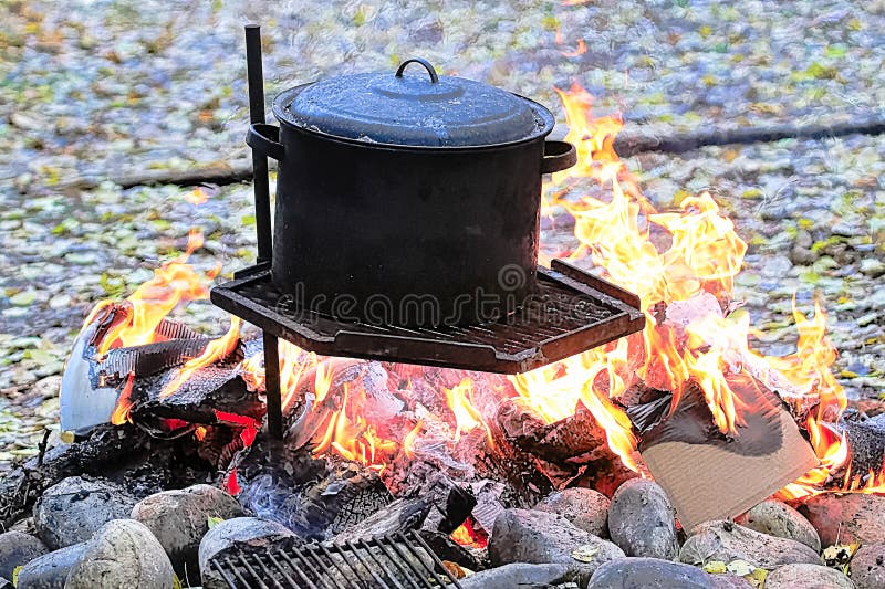 Black pot on camp fire stock image. Image of nobody, outdoor - 40632827