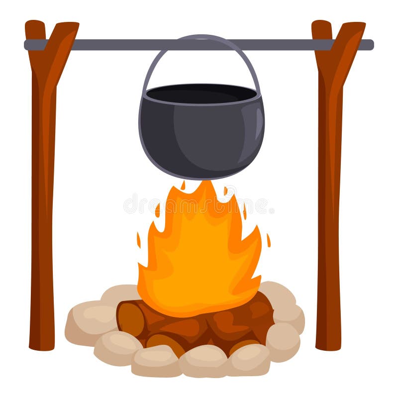 Black Pot Hanging Over Campfire on Crossbar with Flames Burning ...