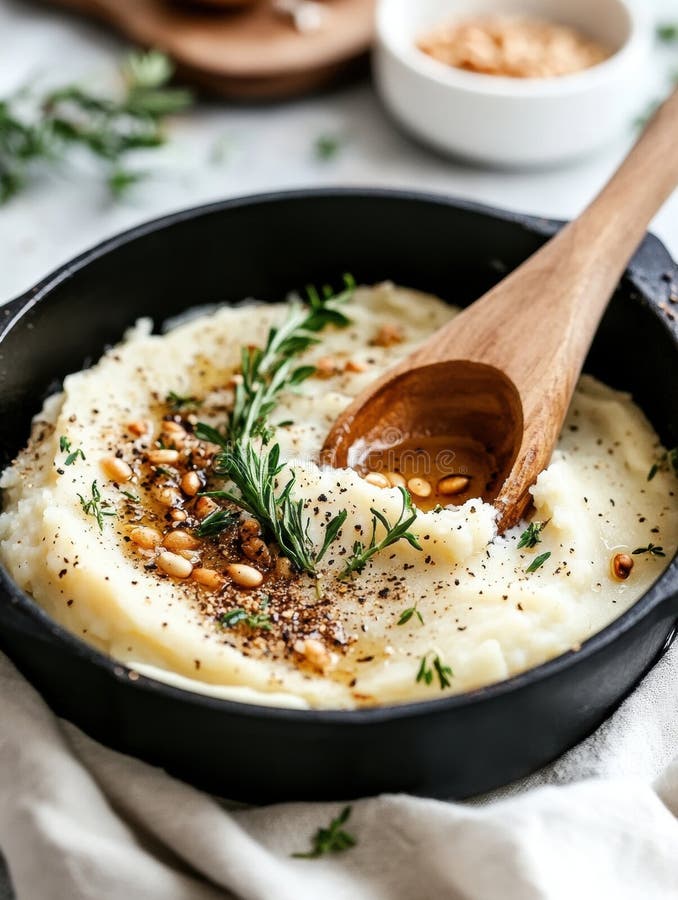 A Black Pot of Mashed Potatoes with a Wooden Spoon in it Stock ...