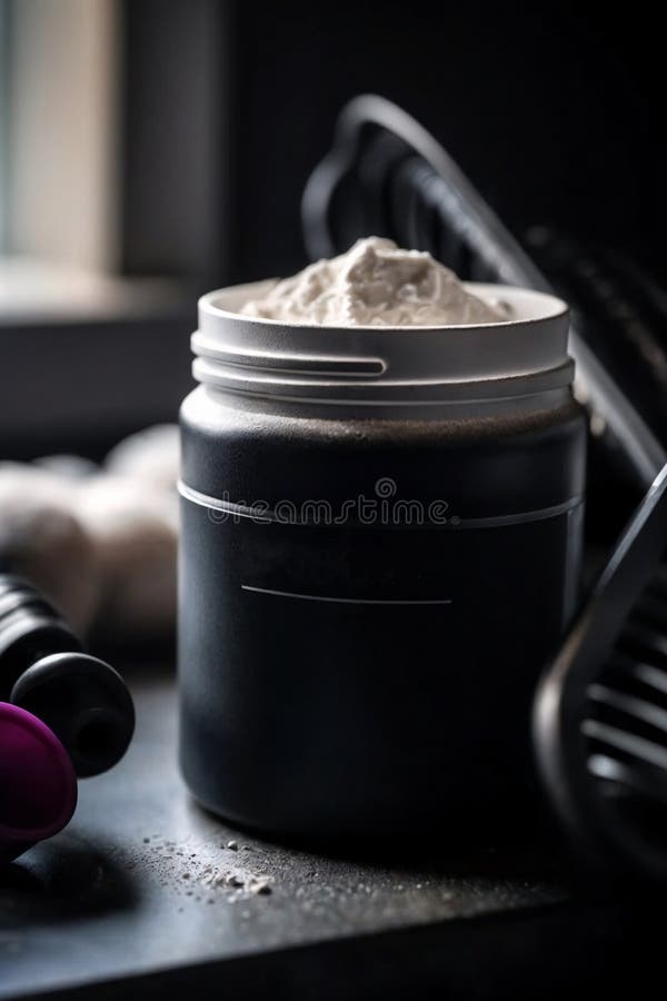 Black Pot with White Creatine or Protein Powder. Supplements, Gym Stock ...