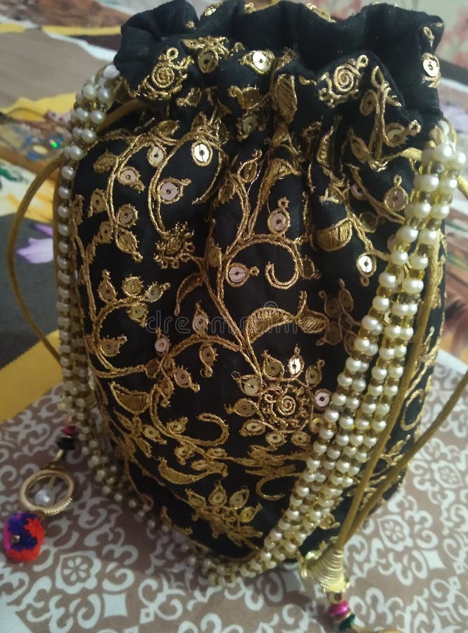 Black potli with perl stock photo. Image of embroidery - 173819854