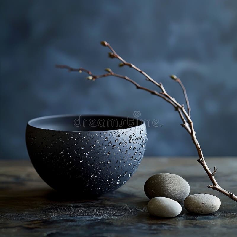 A Black Pottery Bowl with a Branch and Water Droplets on a Blue ...