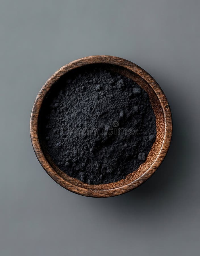 Black Powder in Wooden Bowl on Grey Background, Top View Stock Image ...