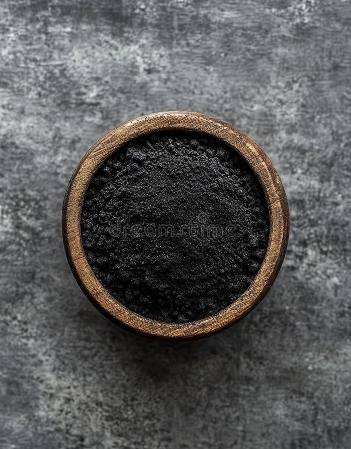 Black Powder in Wooden Bowl on Grey Background, Top View Stock Image ...