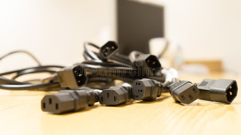 Black Power Cable of Server on Wooden Table. Stock Image - Image of ...